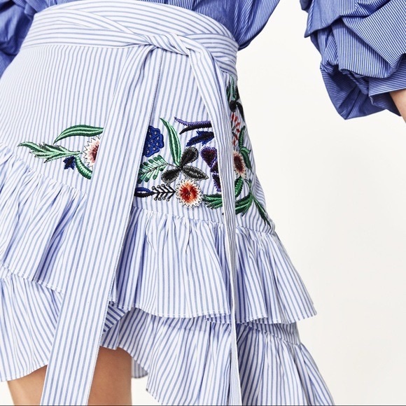 Zara | Skirts | Zara Striped Floral Embroidered Ruffle | Poshmark